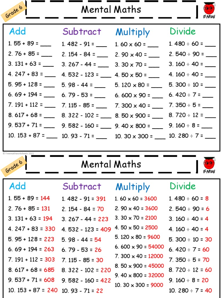 Grade 6 Mental Maths Worksheet 1 | PDF