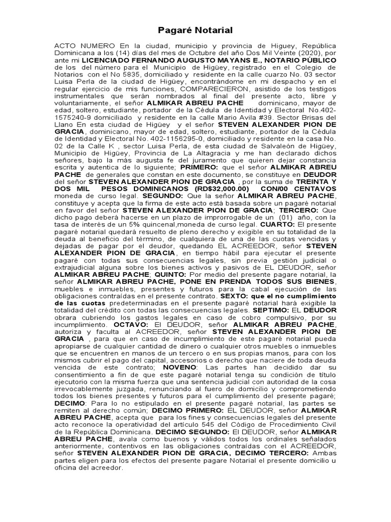 Pagaré Notarial por RD$32,000.00 | PDF | Pagos | Responsabilidad ...