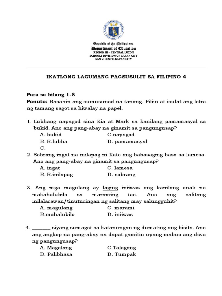3rd Quarter Filipino 4 Assessment Tool | PDF