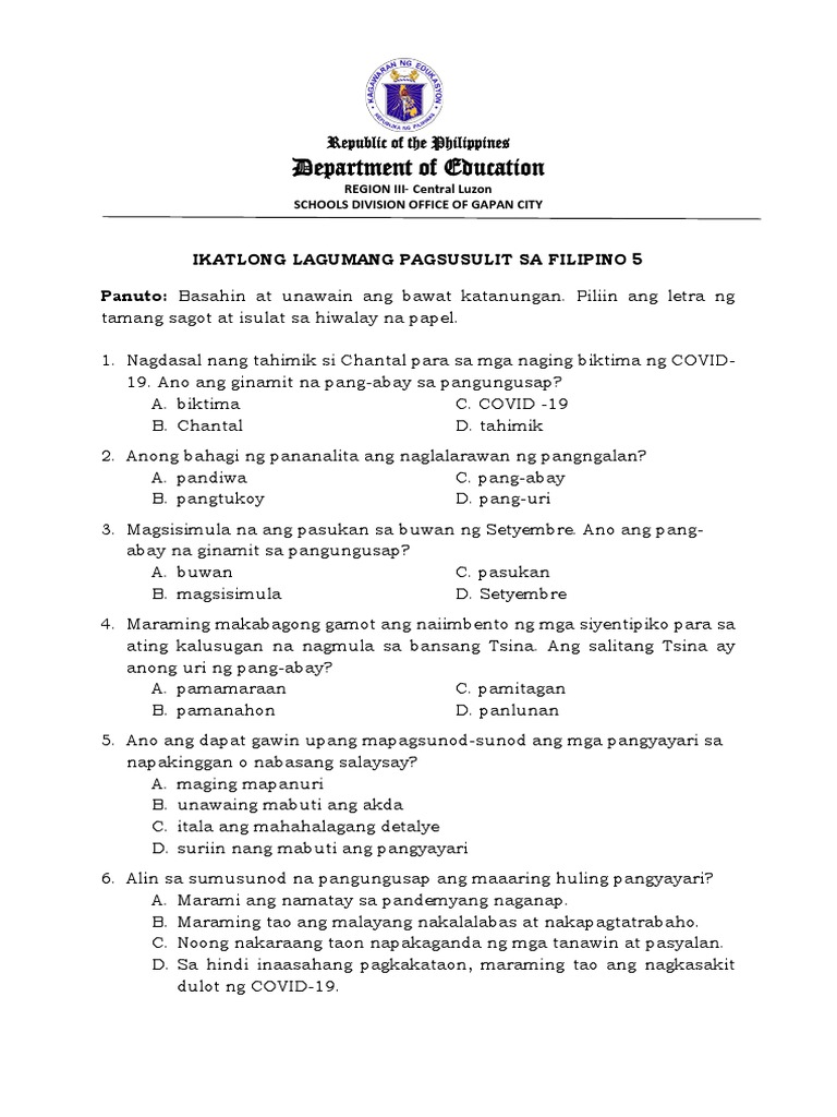 3rd Quarter Filipino 5 Assessment Tool | PDF