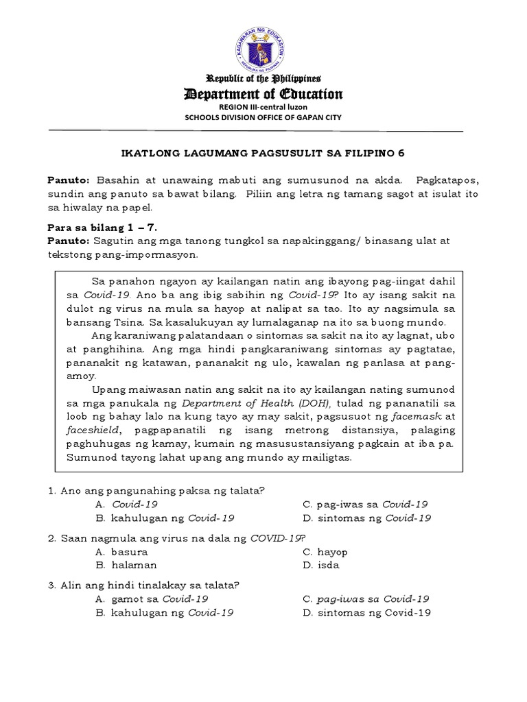3rd Quarter Filipino 6 Assessment Tool | PDF