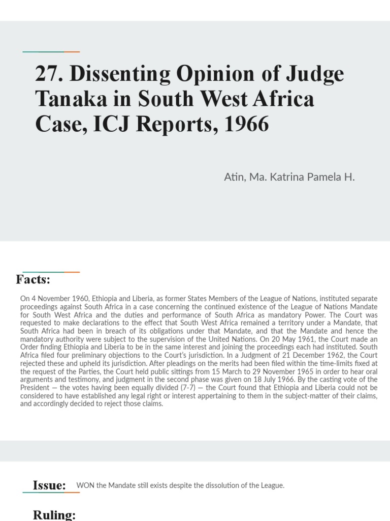 27. Dissenting Opinion of Judge Tanaka in South West Africa Case, ICJ ...