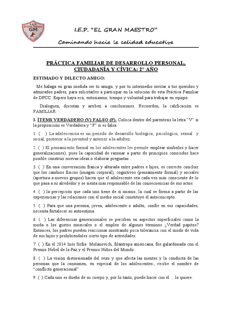 Práctica Calificada DPCC 2° Año | PDF