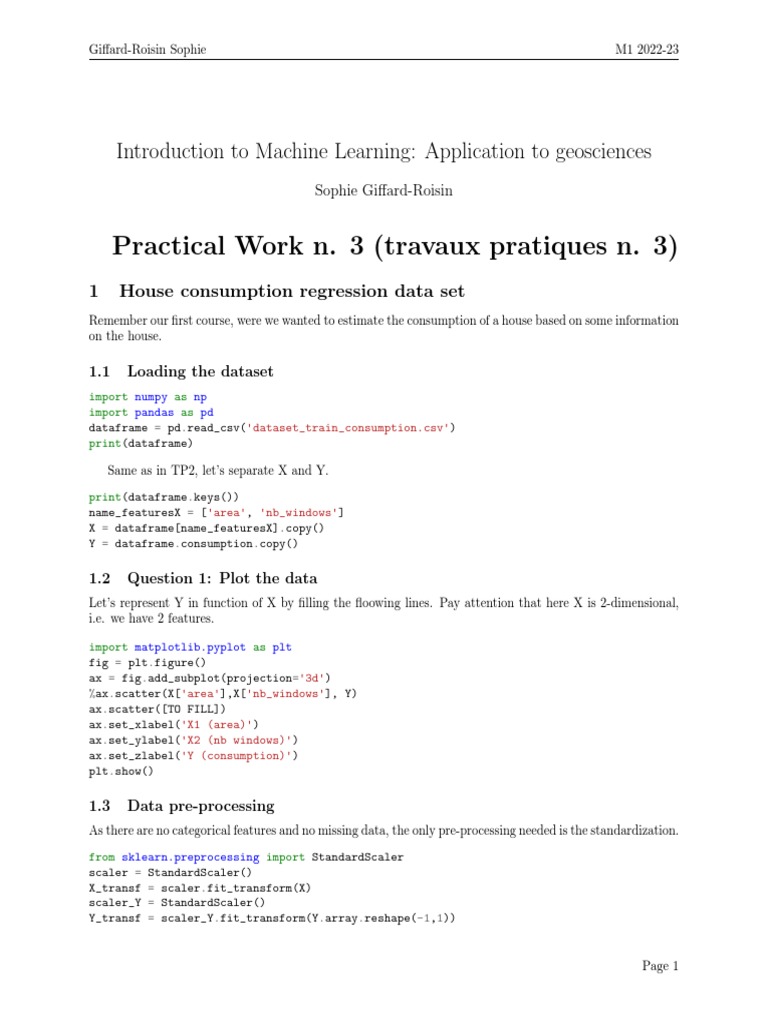 Practical Work N. 3 (Travaux Pratiques N. 3) : Introduction To Machine Learning: Application To ...