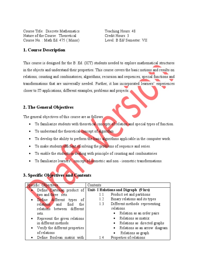 B.Ed Discrete Mathematics Course | PDF | Matrix (Mathematics) | Recurrence Relation