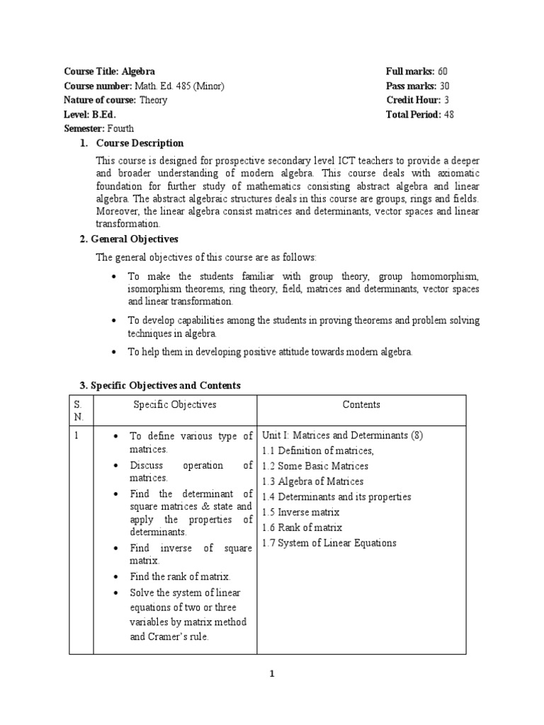 Math Ed 485 Algebra Course KC | PDF | Group (Mathematics) | Linear Map