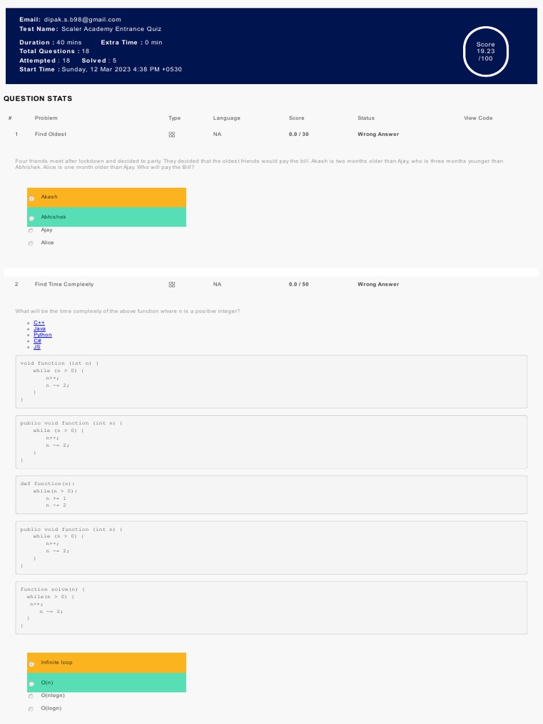 Scaler Academy Entrance Quiz - Dipak Bagade | PDF | C Sharp (Programming Language) | Object ...