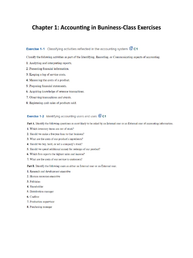 Intro To Accounting. Chapter 1-Class Exercises | PDF
