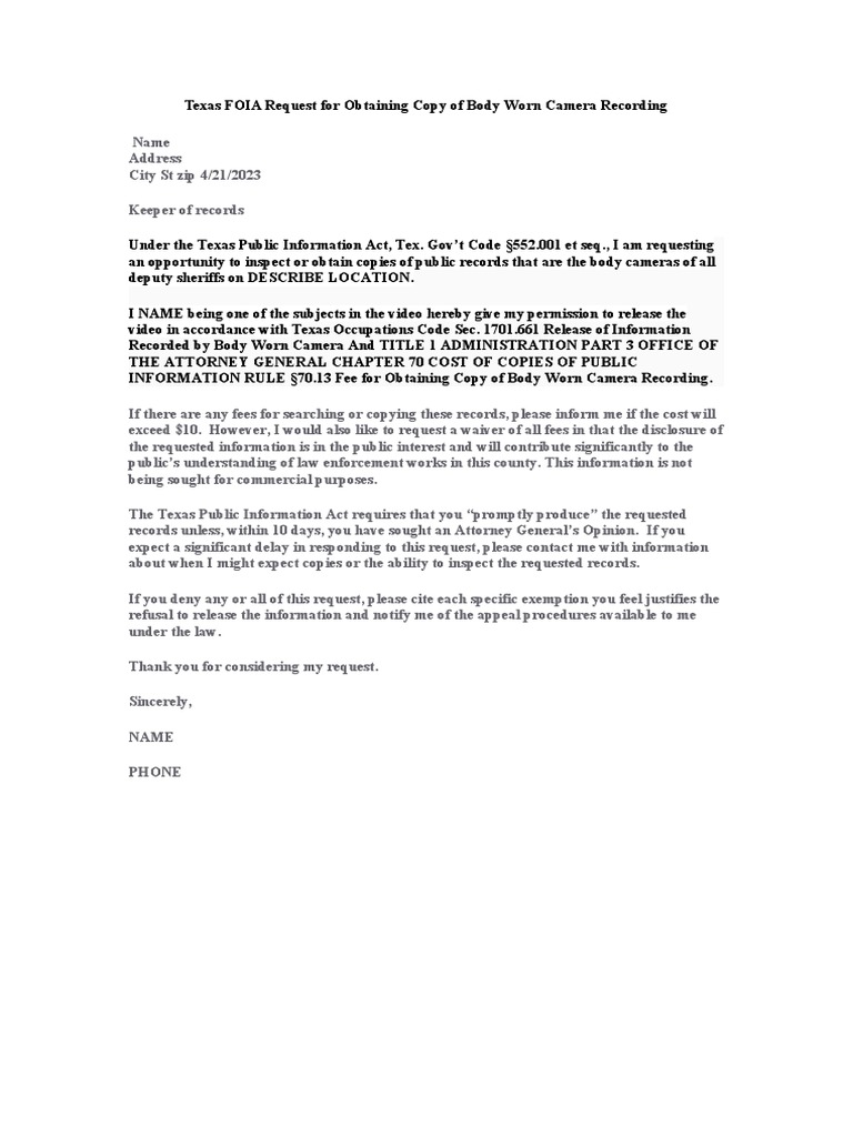 Texas FOIA Request for Body Camera Footage | PDF | Politics | Social ...