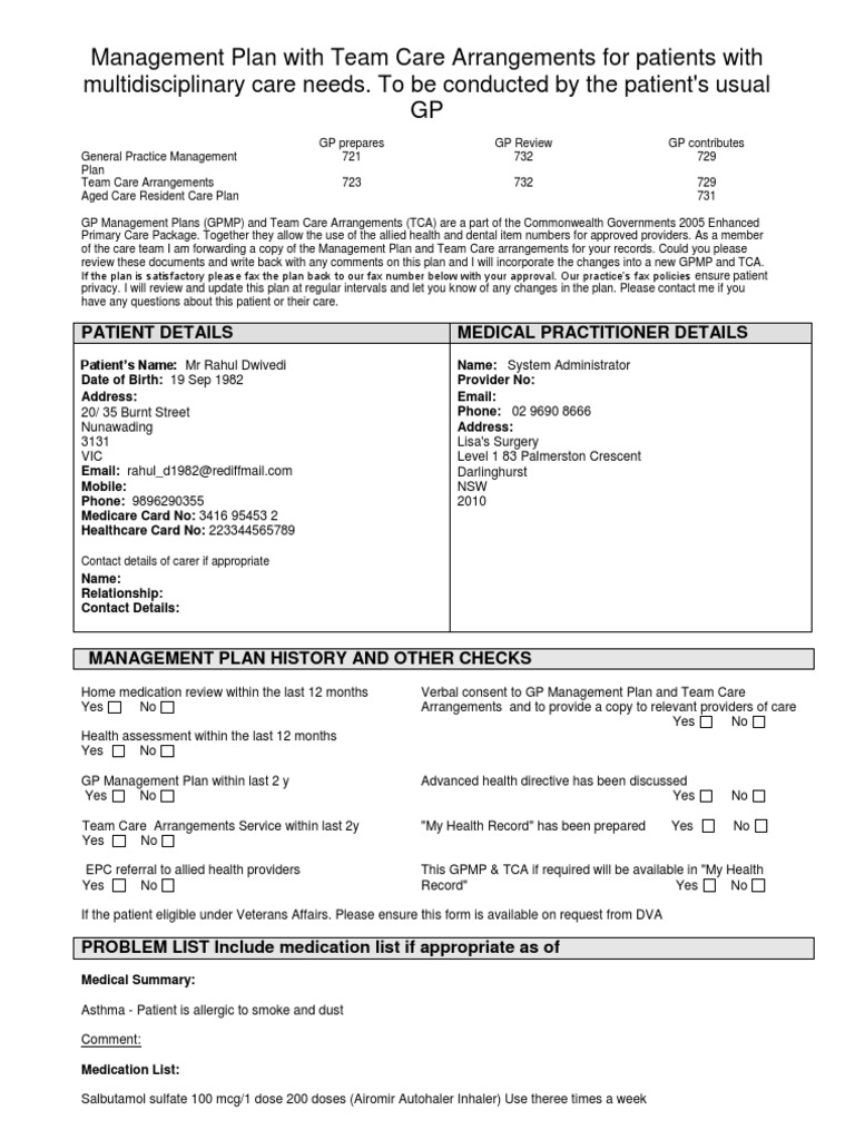 Comprehensive Management Plan and Team Care Arrangements for a Patient ...