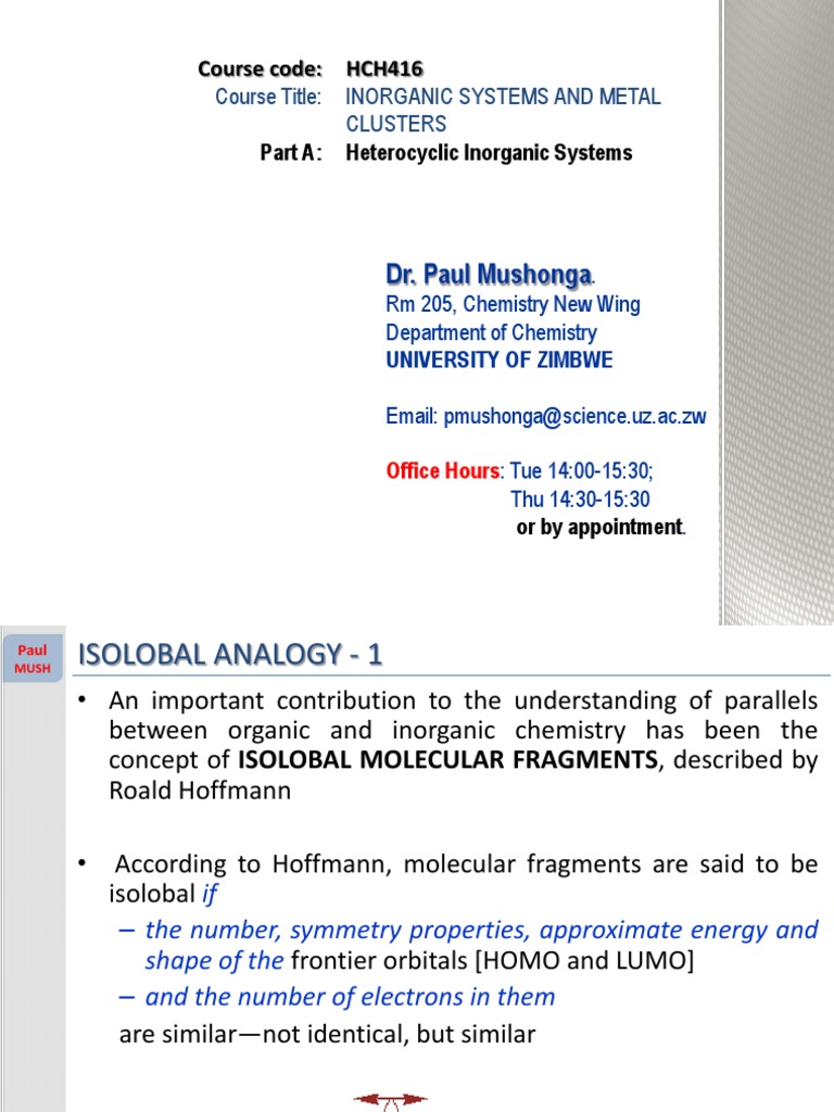 Dr. Paul Mushonga: Course Title: Inorganic Systems and Metal Clusters ...