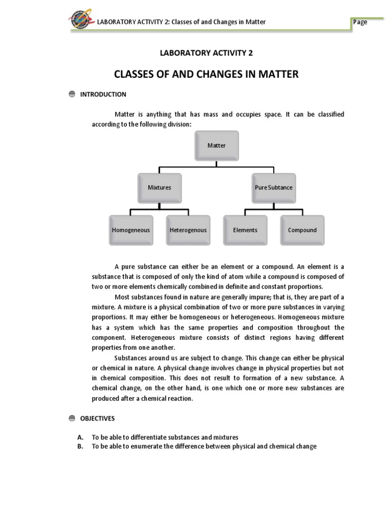 Experiment 2 - Classes and Changes in Matter | PDF | Mixture | Chemical ...