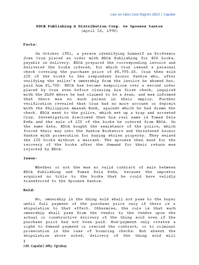 Law On Sales Case Digest | PDF | Deed | Property