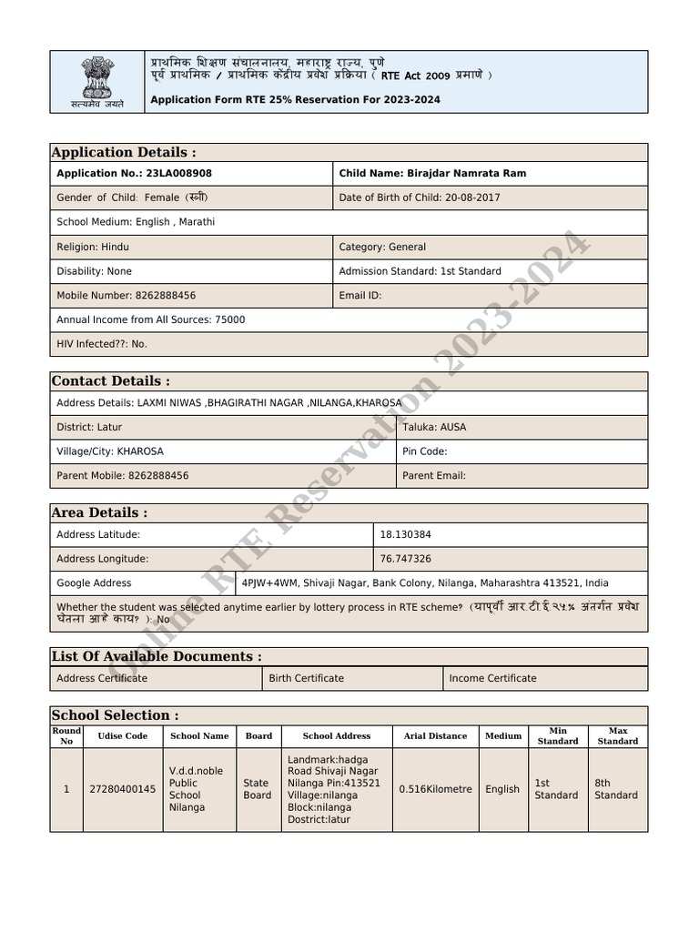 Application for Admission under 25% RTE Reservation for the Academic ...