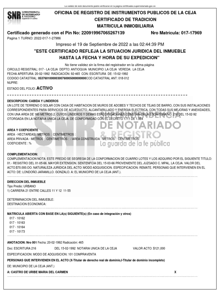 Certificado De Tradici n De Una Matr cula Inmobiliaria Con Detalles