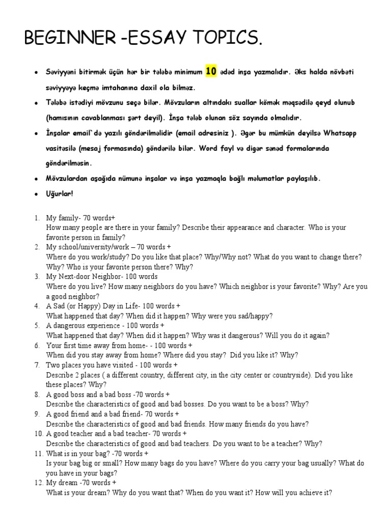Beginner - Essay Topics | PDF | English As A Second Or Foreign Language