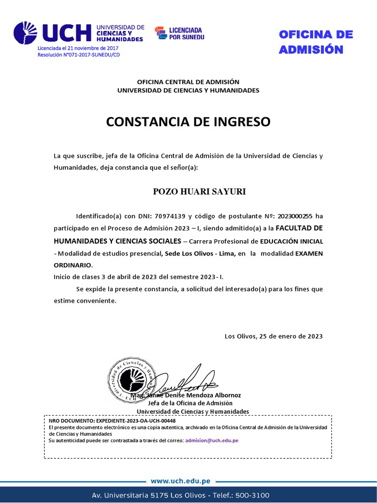 Constancia de Ingreso: Oficina de Admisión | PDF