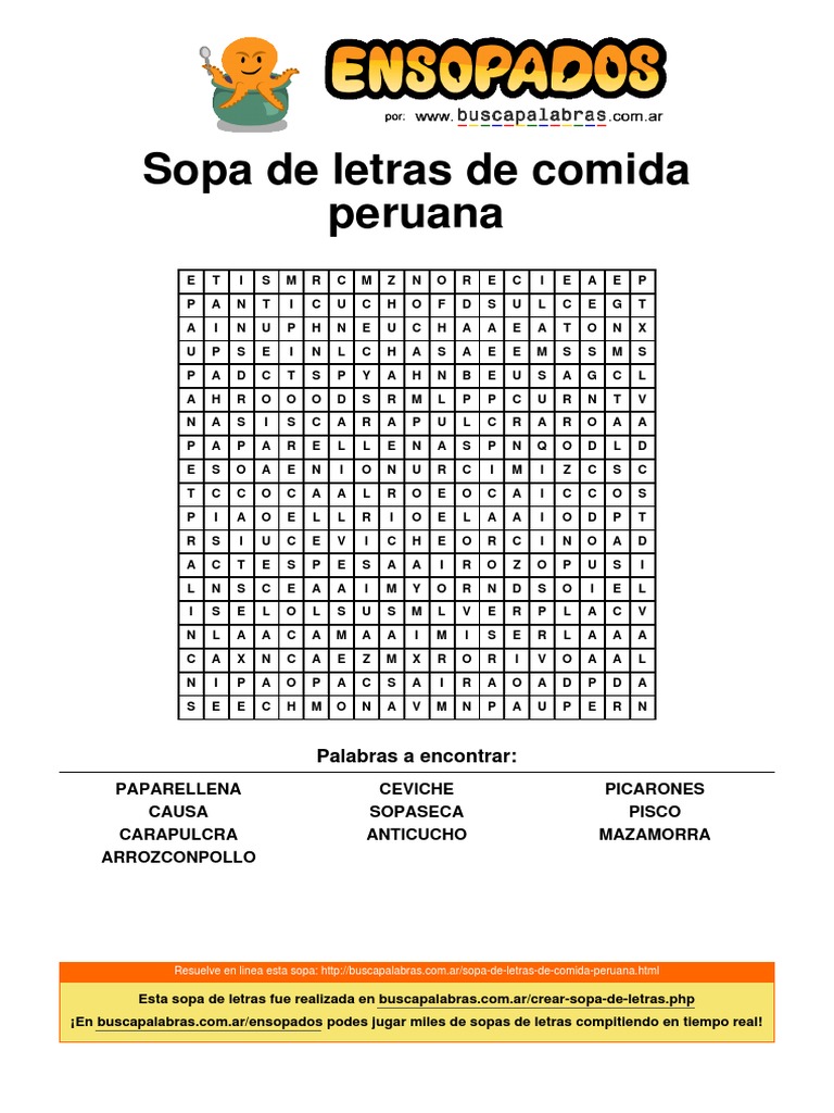 Sopa de Letras de Comida Peruana | PDF | Artes del lenguaje y disciplina