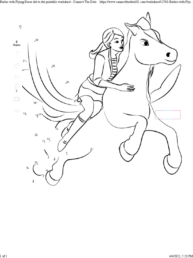 Barbie With Flying Horse Dot To Dot Printable Worksheet - Connect The ...