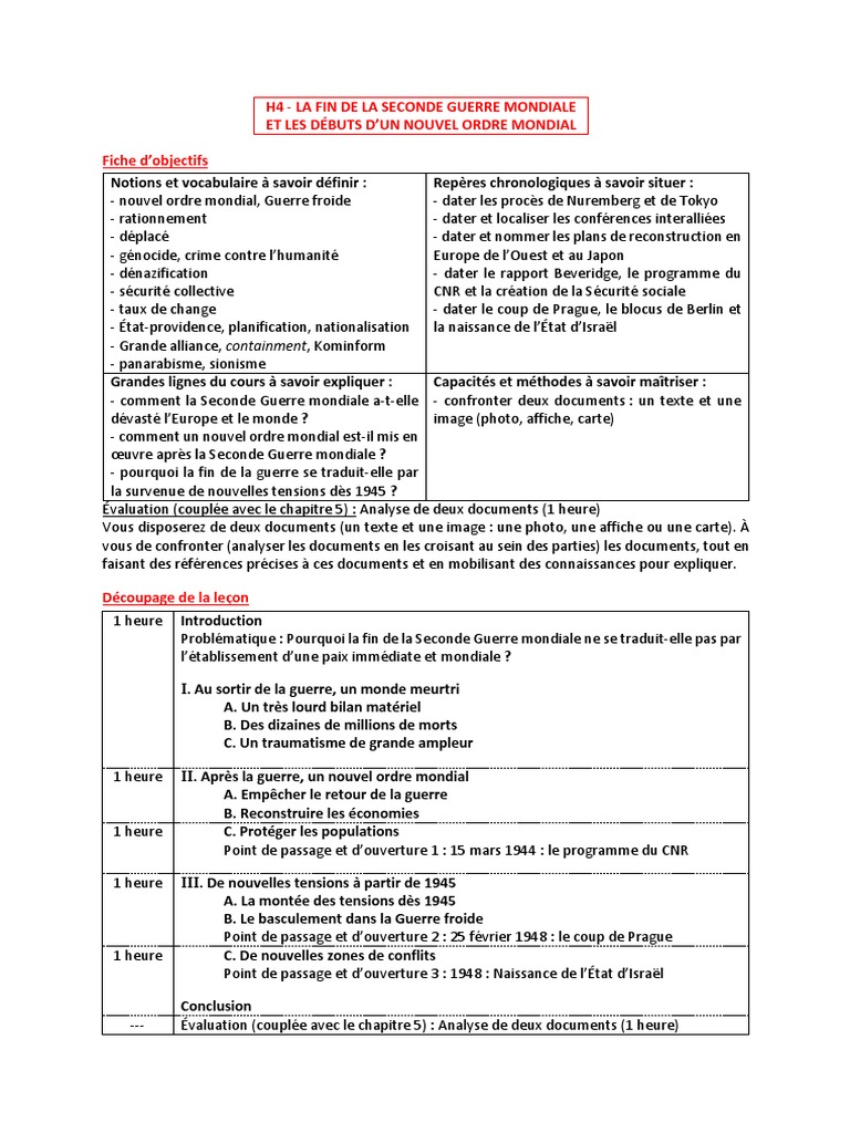 Fiche D'objectifs - Fin 2de Guerre Mondiale | PDF | Seconde Guerre mondiale | Guerre froide