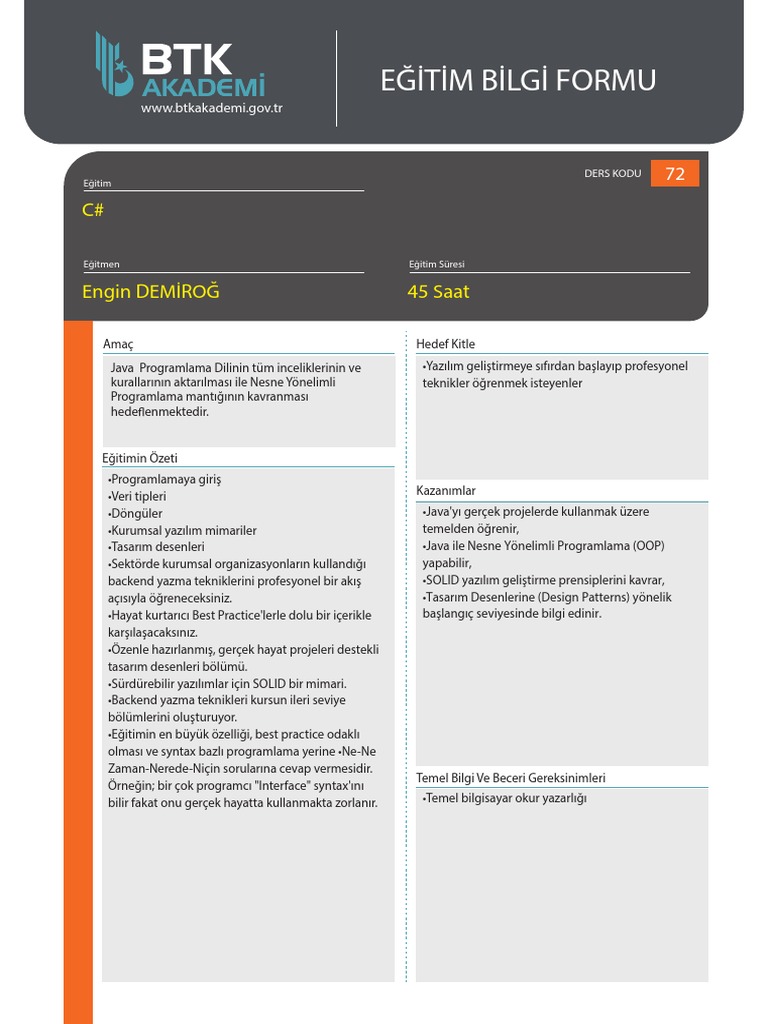 CSharp Egitim Bilgi Formu | PDF