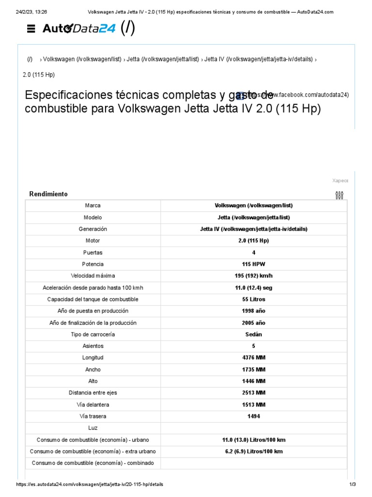 Volkswagen Jetta Jetta IV - 2.0 (115 HP) Especificaciones Técnicas y ...