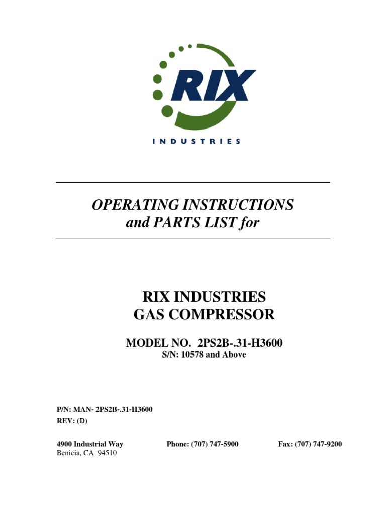 Operating Instructions and PARTS LIST For: Rix Industries Gas Compressor | PDF | Piston | Valve