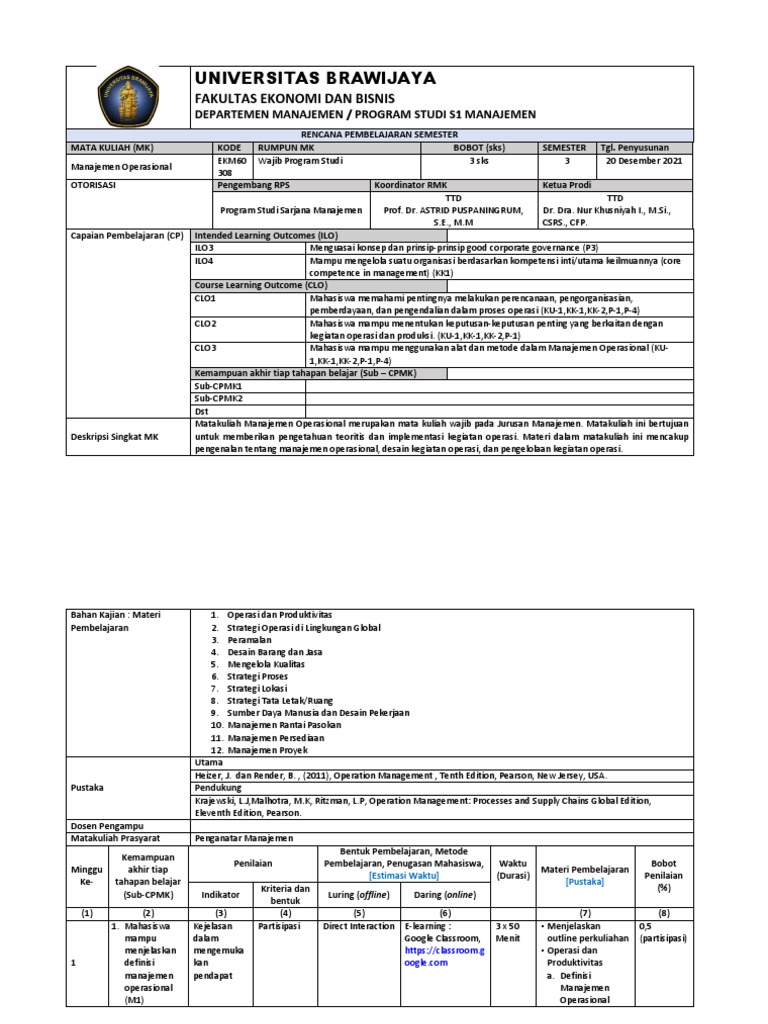 Rencana Pembelajaran Semester Mata Kuliah Manajemen Operasional di Universitas Brawijaya | PDF