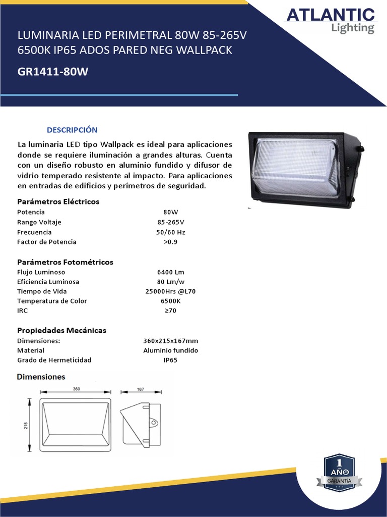 Luminaria Led Perimetral 80W 85-265V 6500K Ip65 Ados Pared Neg Wallpack GR1411-80W | PDF