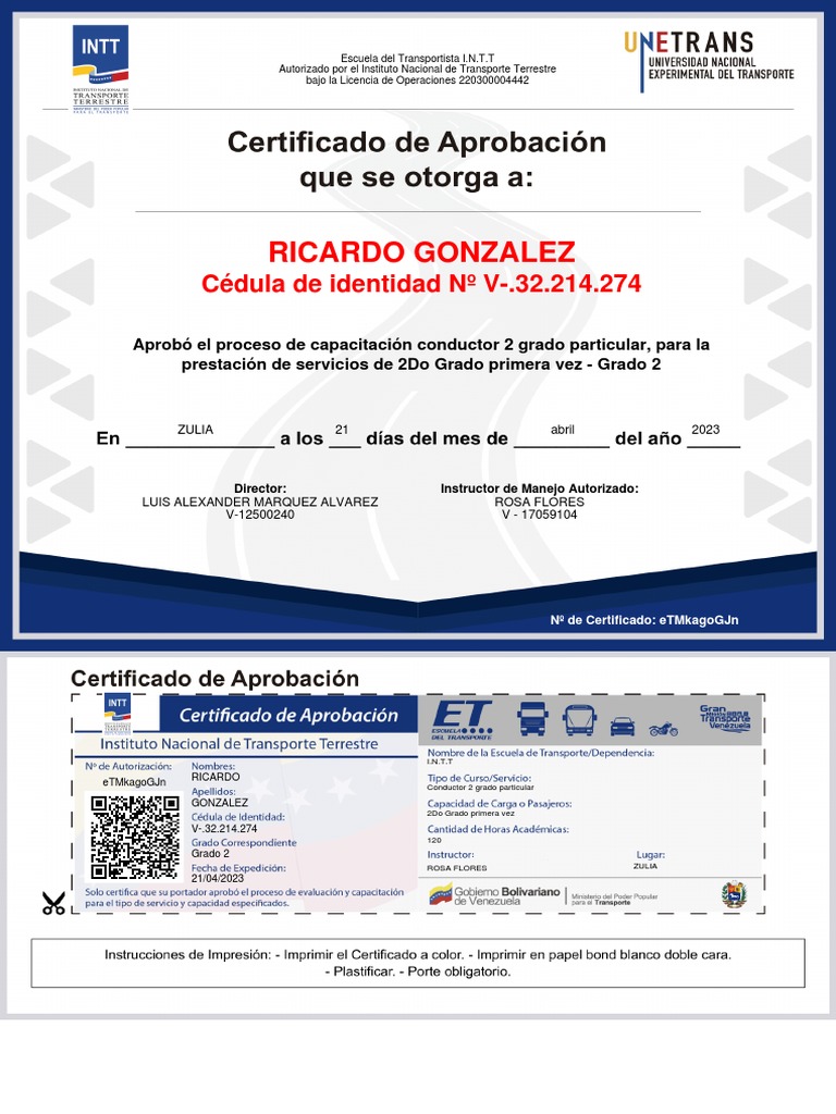 Certificado de Aprobacion | PDF