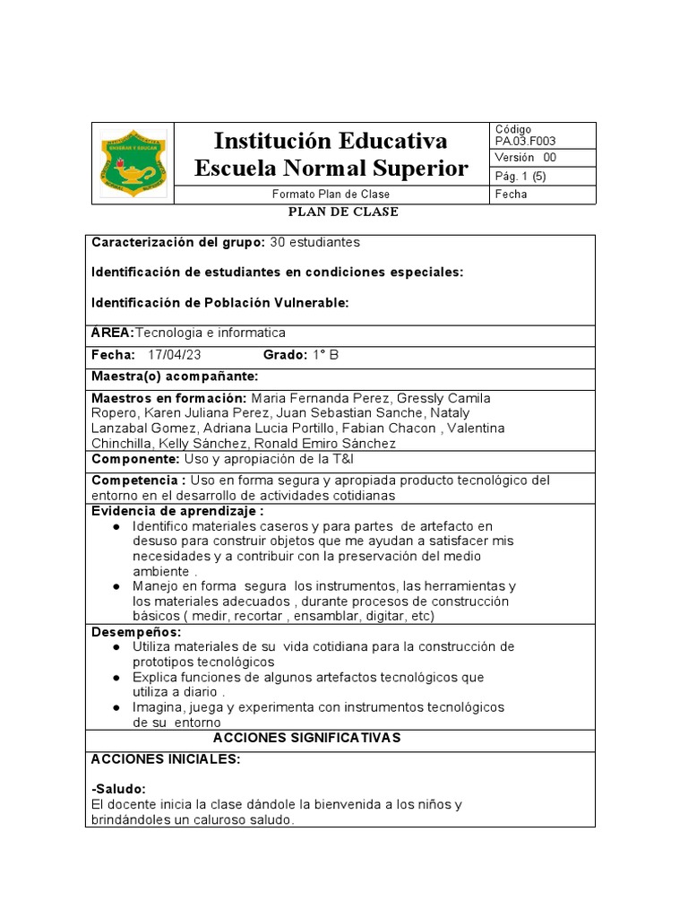 Plan informatica grado primero | PDF