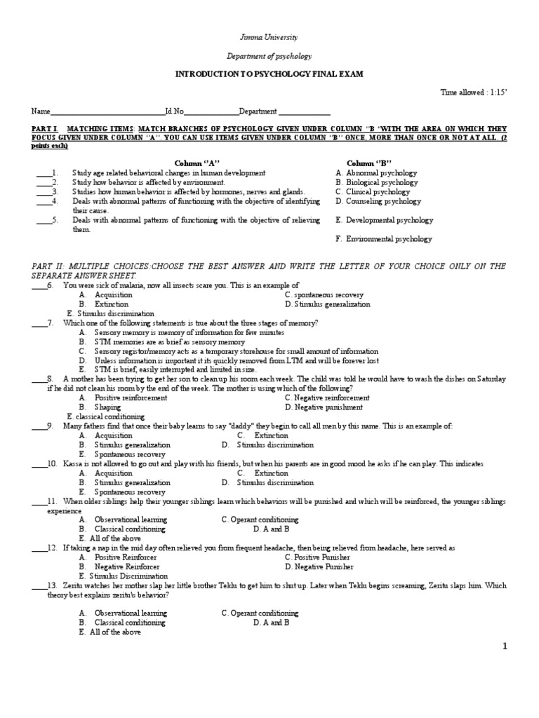 Introduction To Psychology Final Exam: Jimma University Department of ...