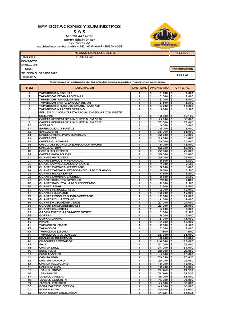 Cotización EPP y Seguridad Industrial | PDF
