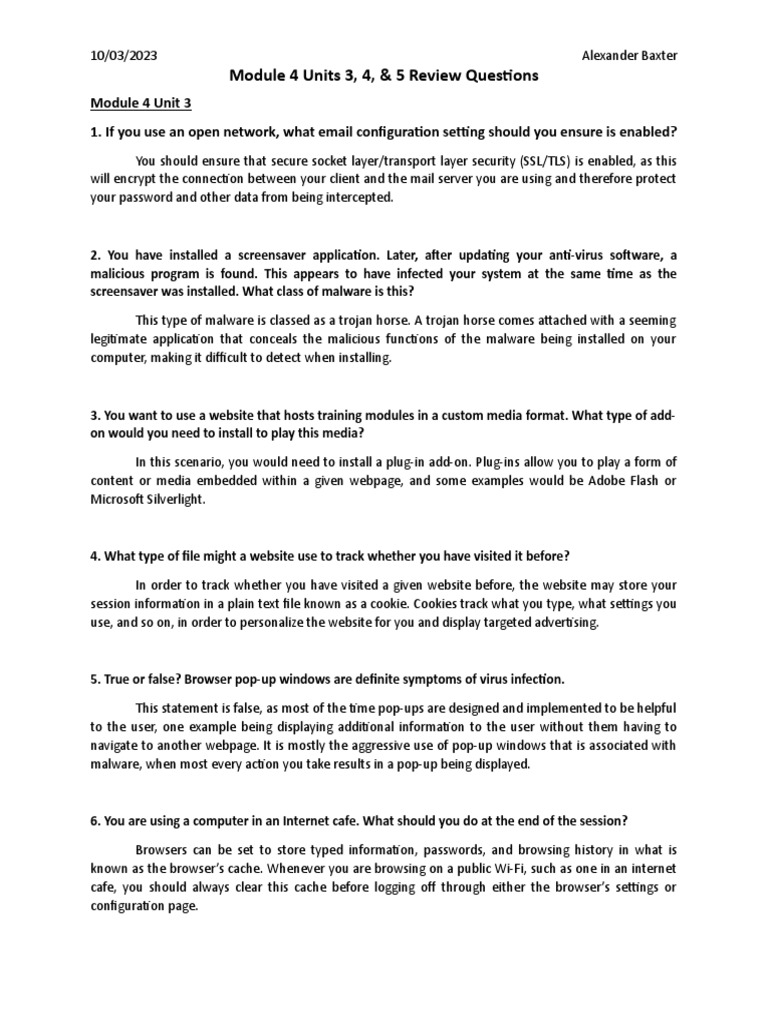 Module 4 Unit 3, 4, & 5 Review Questions | PDF | Malware | Transport ...