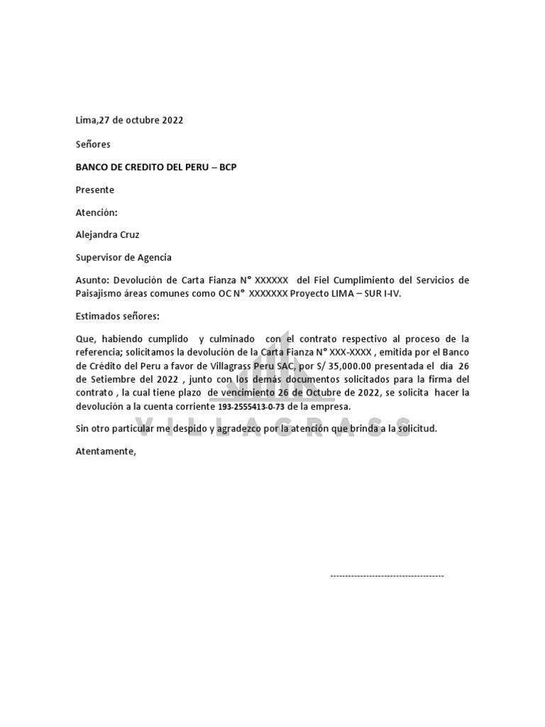 Carta Devolución Carta Fianza - Plantilla | PDF