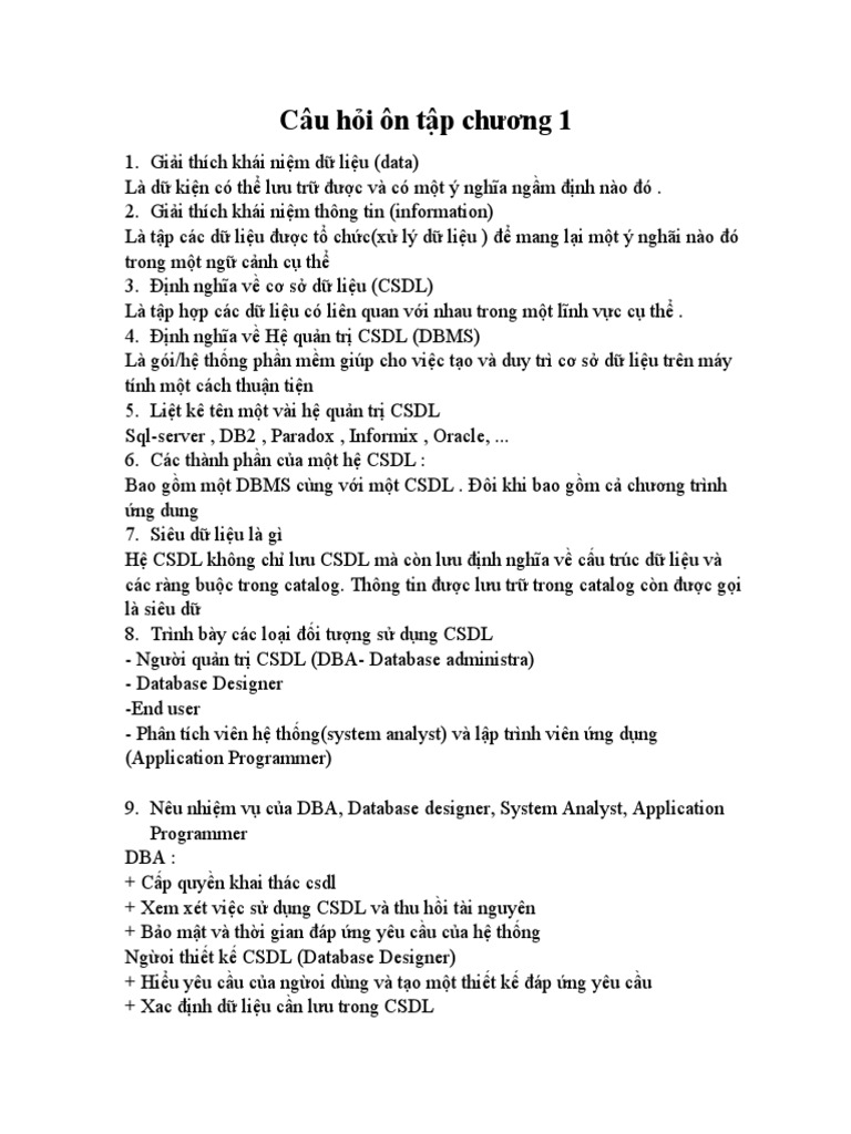 Tổng hợp trắc nghiệm lý thuyết CSDL | PDF