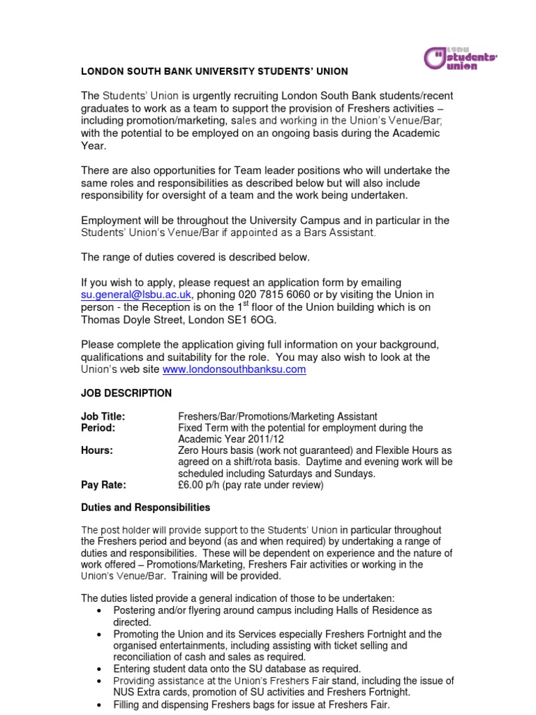 Freshers JD Person Spec Revised Sept 2 2011 | PDF | Bar | Point Of Sale