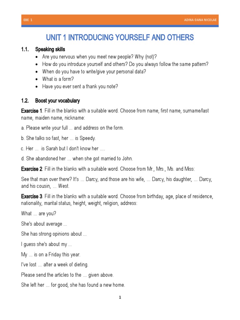 Unit 1 Introducing Yourself and Others: Ebe 1 Adina Oana Nicolae | PDF ...
