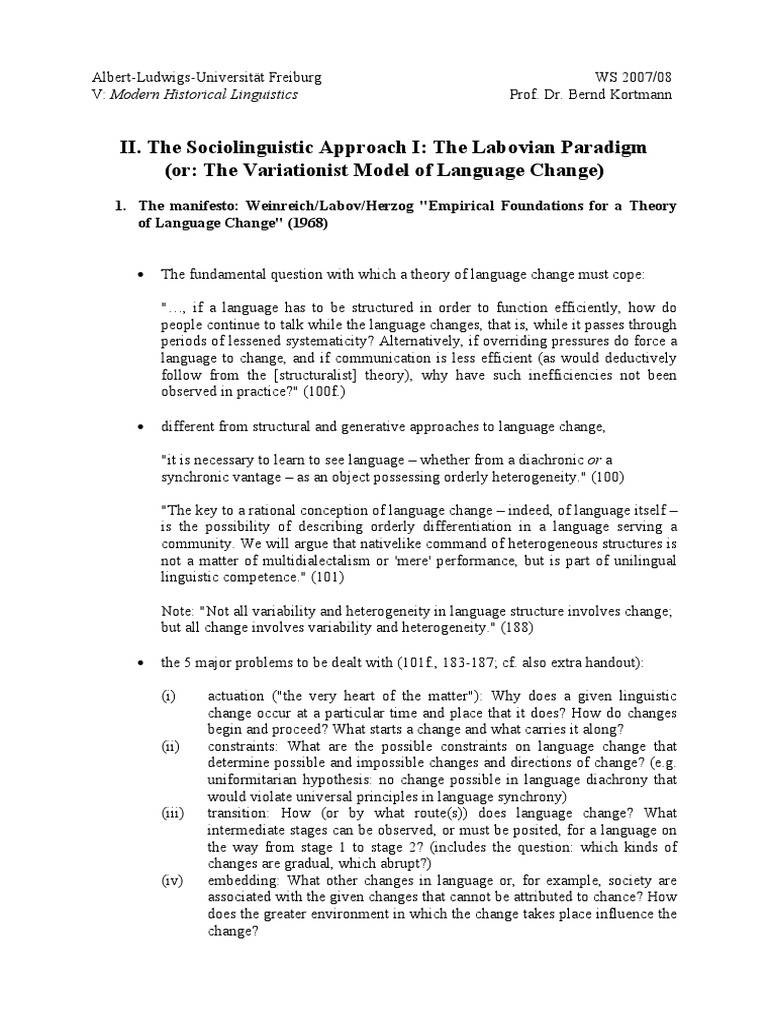 II. The Sociolinguistic Approach I: The Labovian Paradigm (Or: The ...