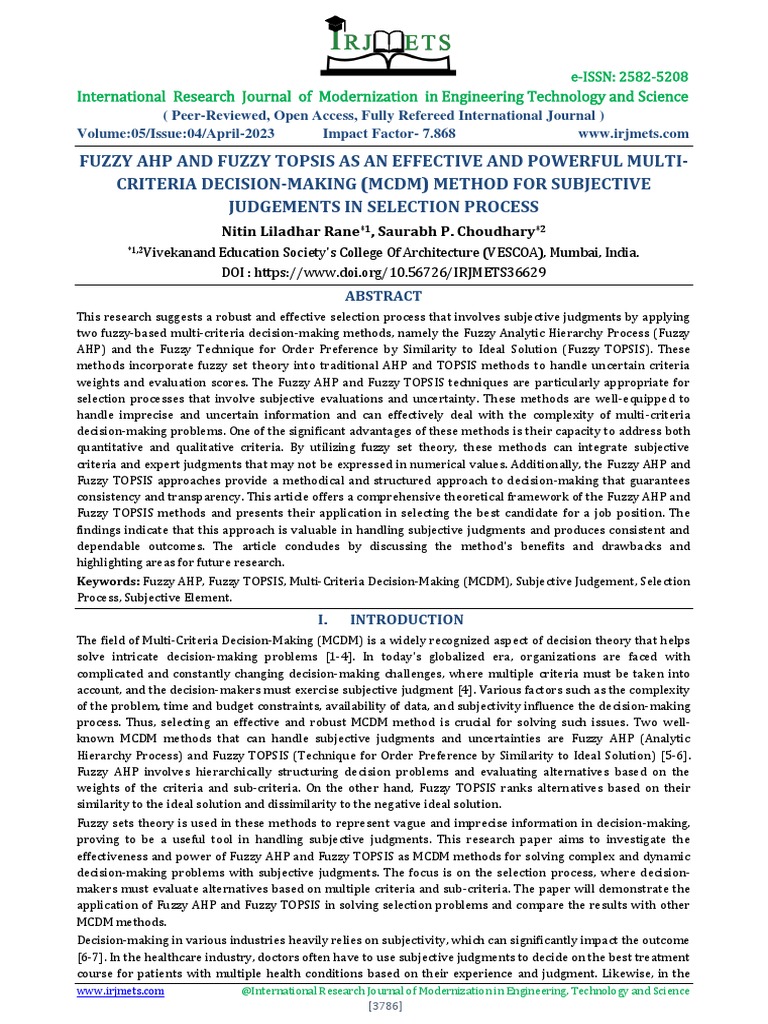 Fuzzy AHP and Fuzzy TOPSIS as an effective and powerful Multi-Criteria Decision-Making (MCDM ...