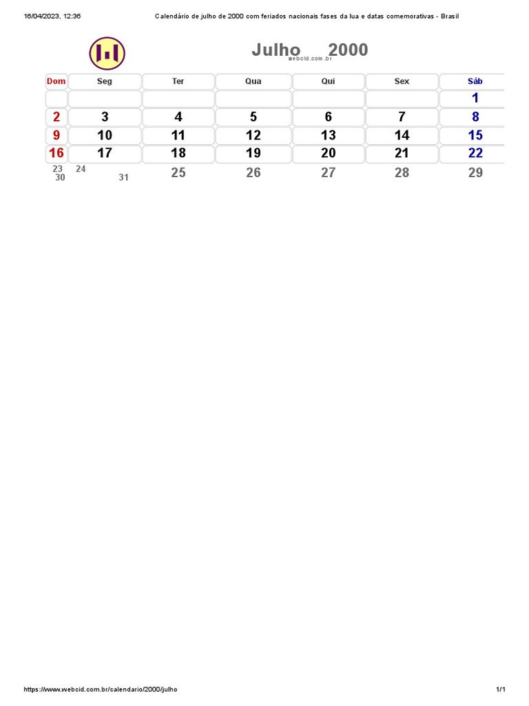 Calendário de Julho de 2000 com Feriados | PDF