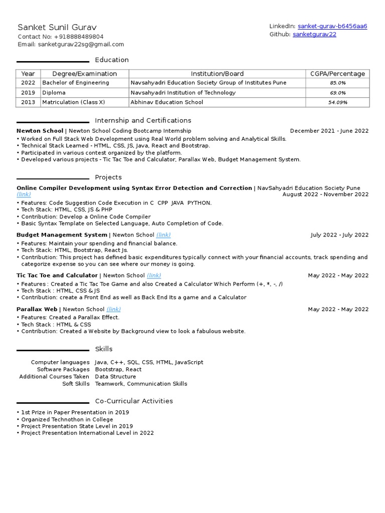 Resume-Sanket Sunil Gurav | PDF | Bootstrap (Front End Framework) | Compiler