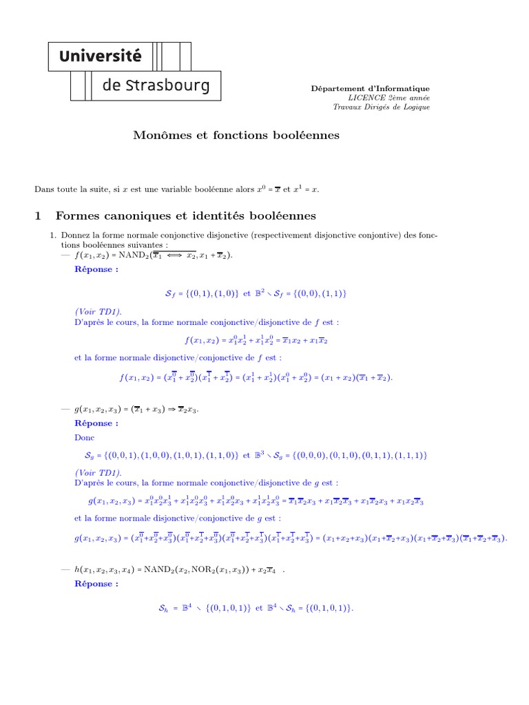 Monômes Et Fonctions Booléennes: Département D'informatique LICENCE ...