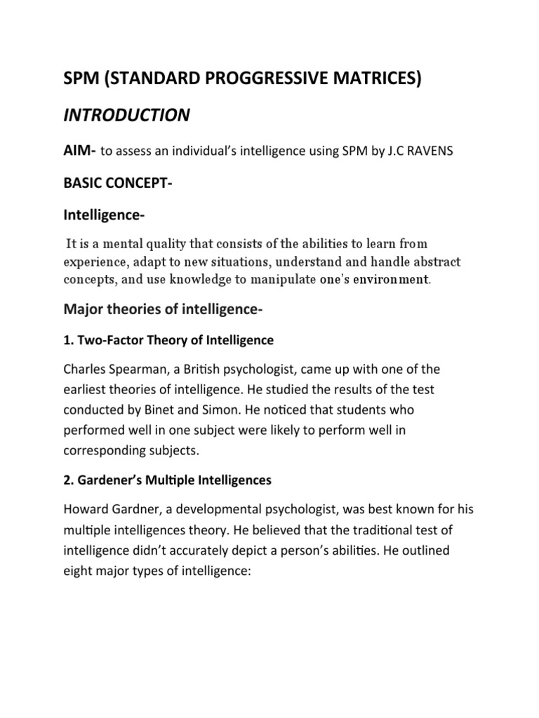 SPM (Standard Proggressive Matrices) : Aim-Basic Concept - Intelligence ...