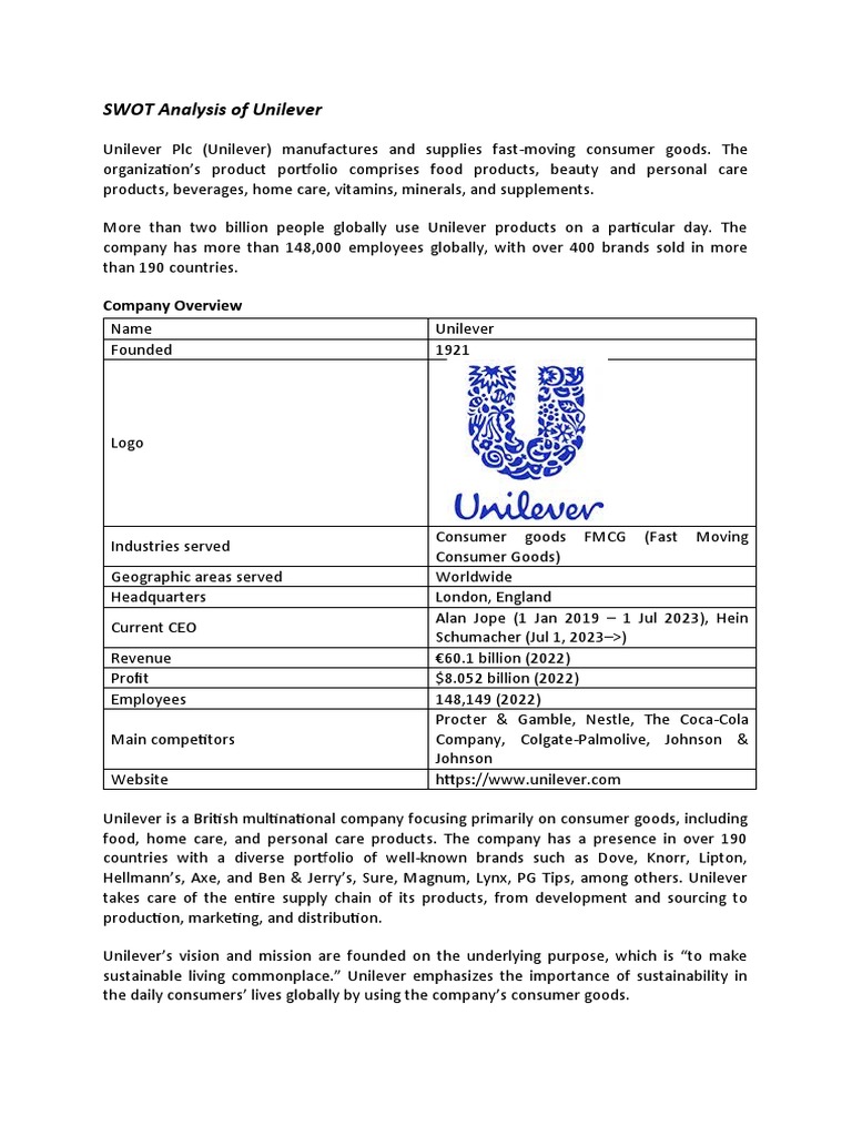 SWOT Analysis of Unilever | PDF