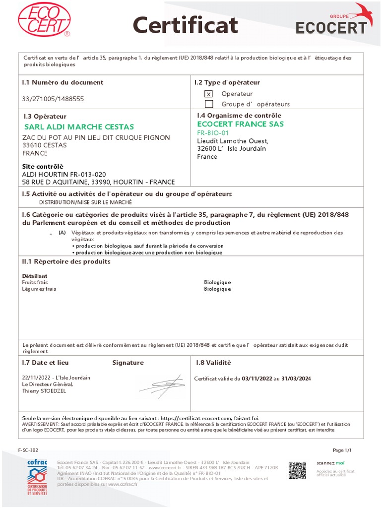 Certificat EU 2018 848u | PDF