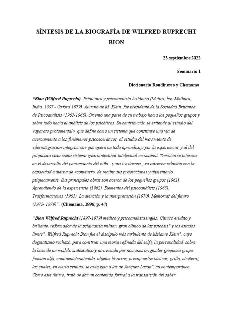 Notas VIDA DE WILFRED BION | PDF | Psicoanálisis | Samuel Beckett