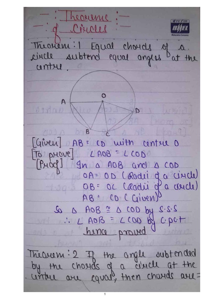 Class 9th Maths Important Circles Theorems Pdf