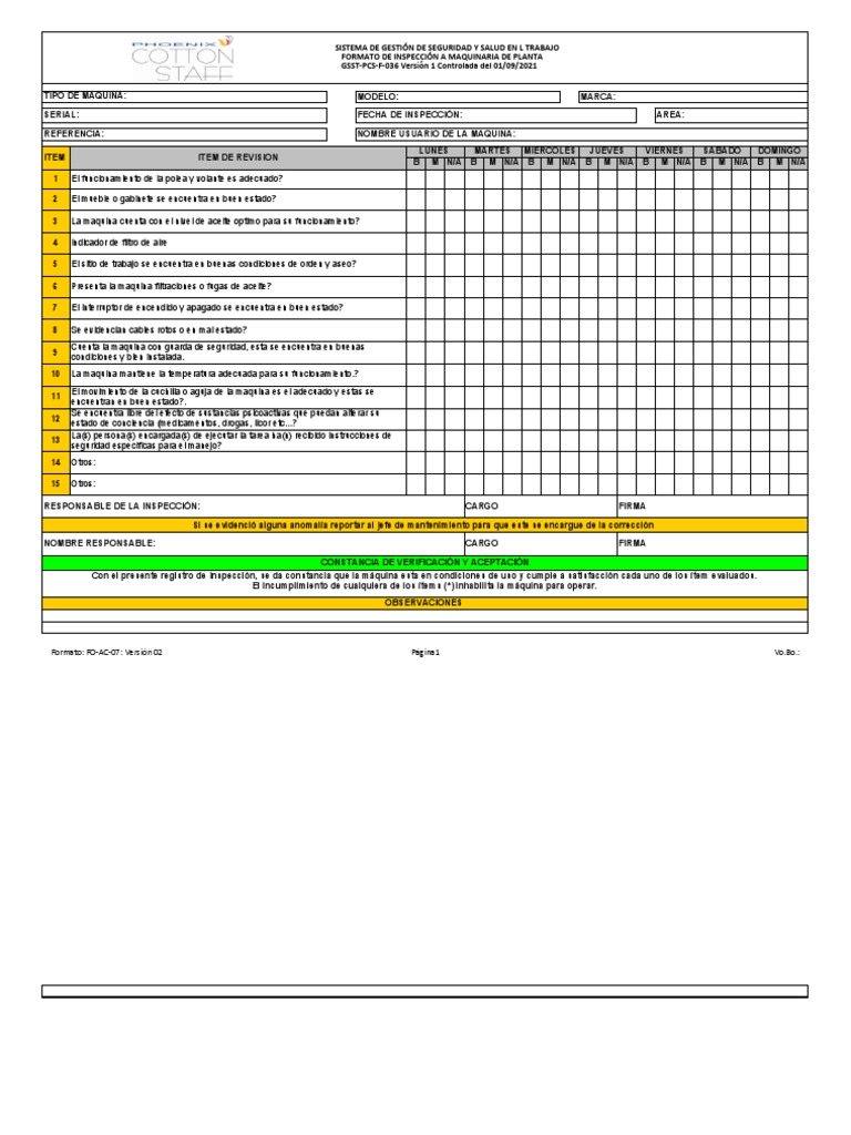 GSST-PCS-F-036 Formato de Inspección A Maquinaria de Planta | PDF