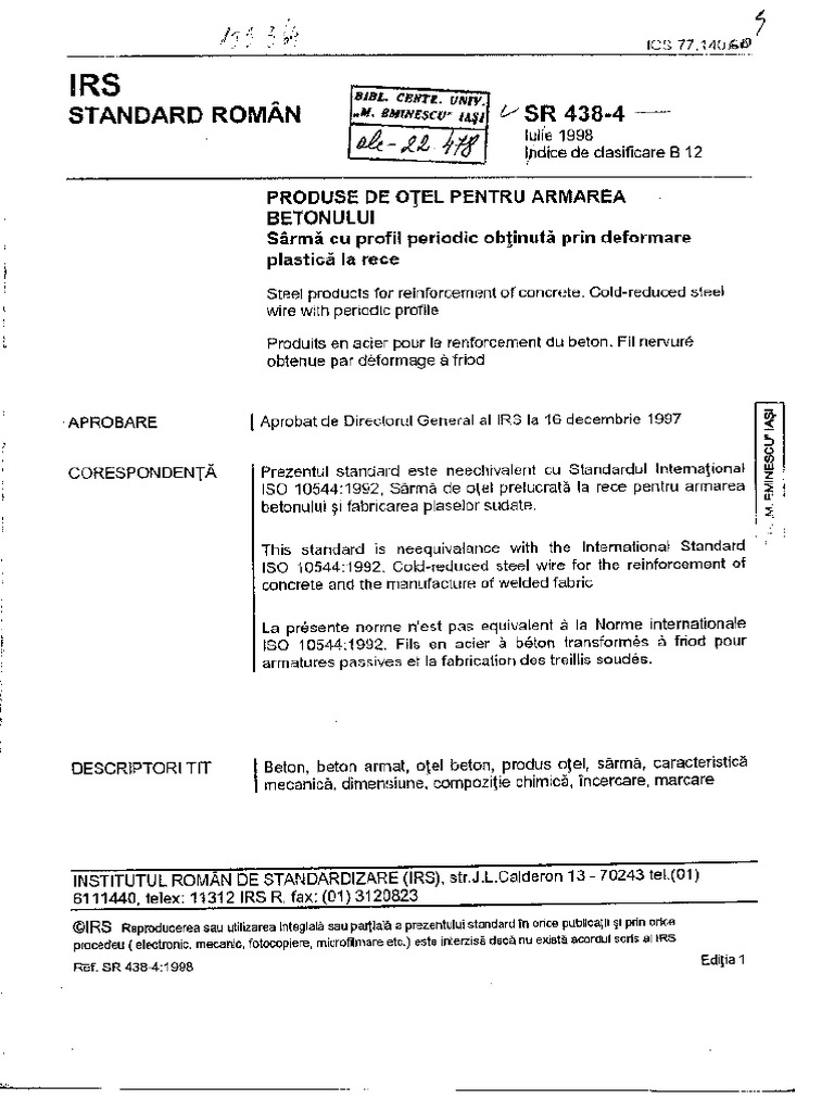SR 438-4-98 - Produse de Otel Pentru Armarea Betonului - Sarma Cu Profil Periodic | PDF